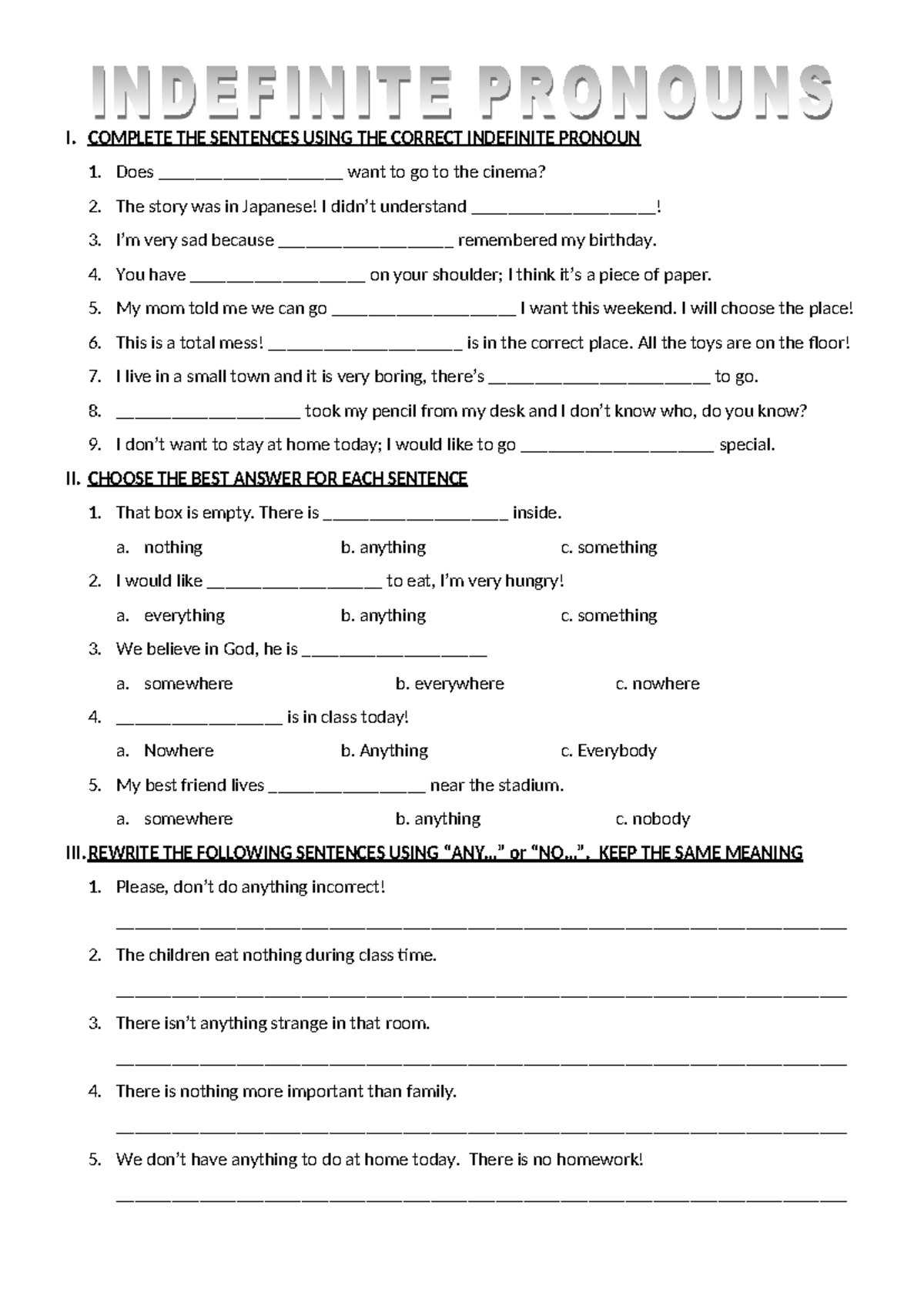 Indefinite Pronouns Practice - 25841 - Studocu