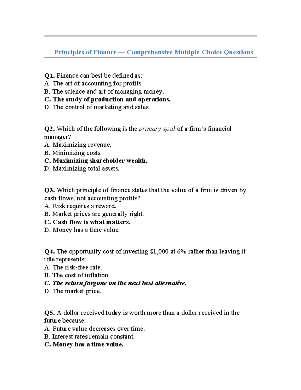Principles of Finance 210: Comprehensive MCQs for Mastery - Studocu