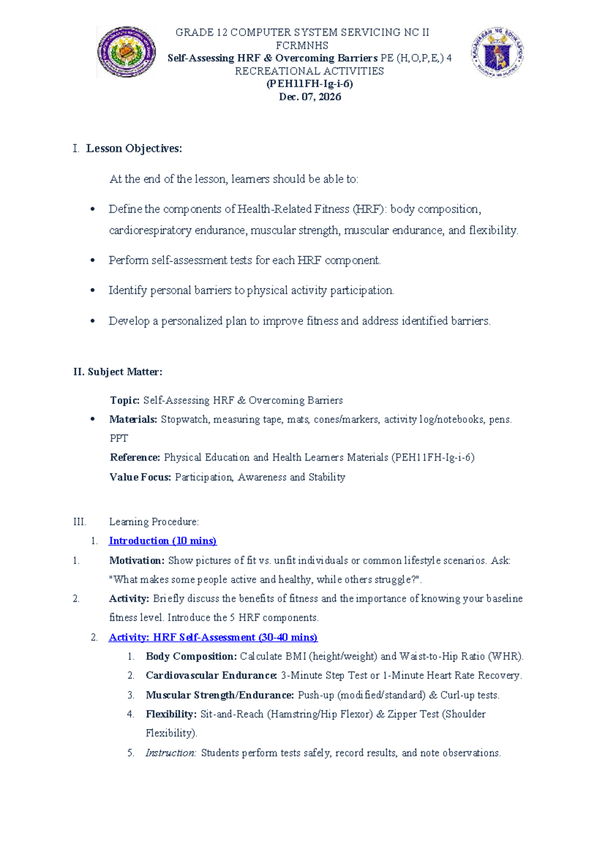 GRADE 12 PE & HEALTH: HRF Barriers & Fitness Lesson Plan - Studocu