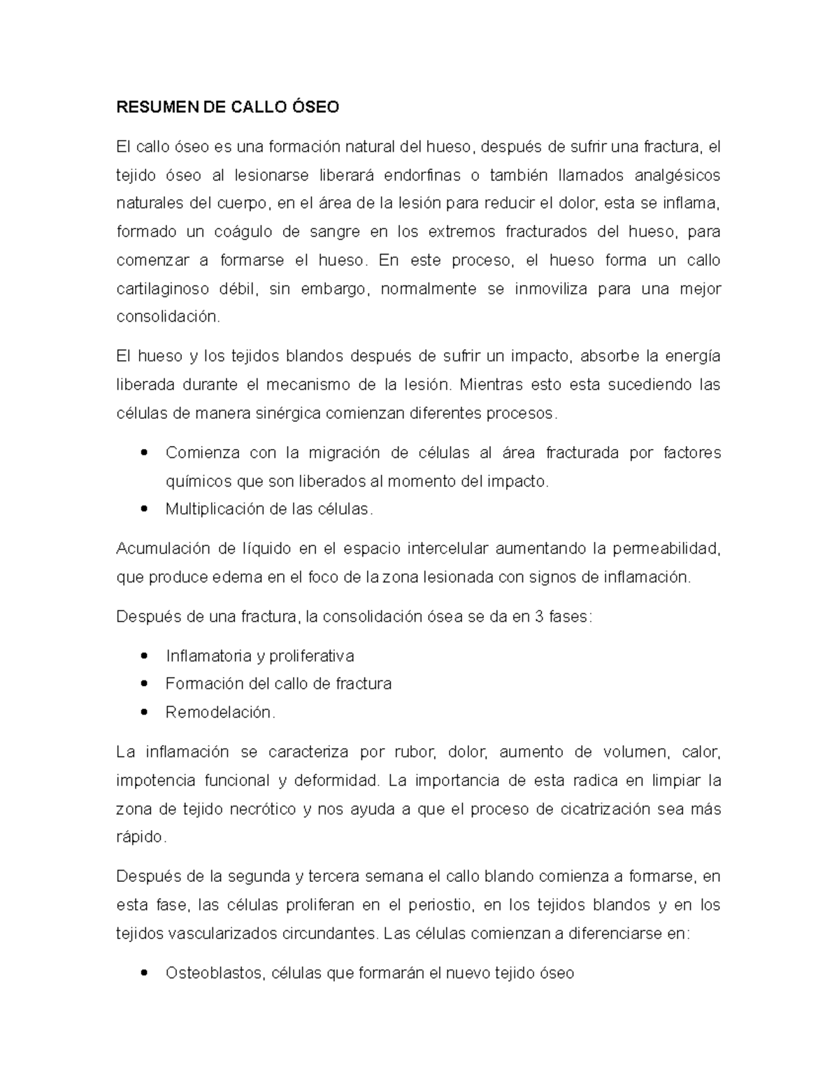 Resumen de Callo Óseo: Proceso de Reparación Tras Fractura - Studocu