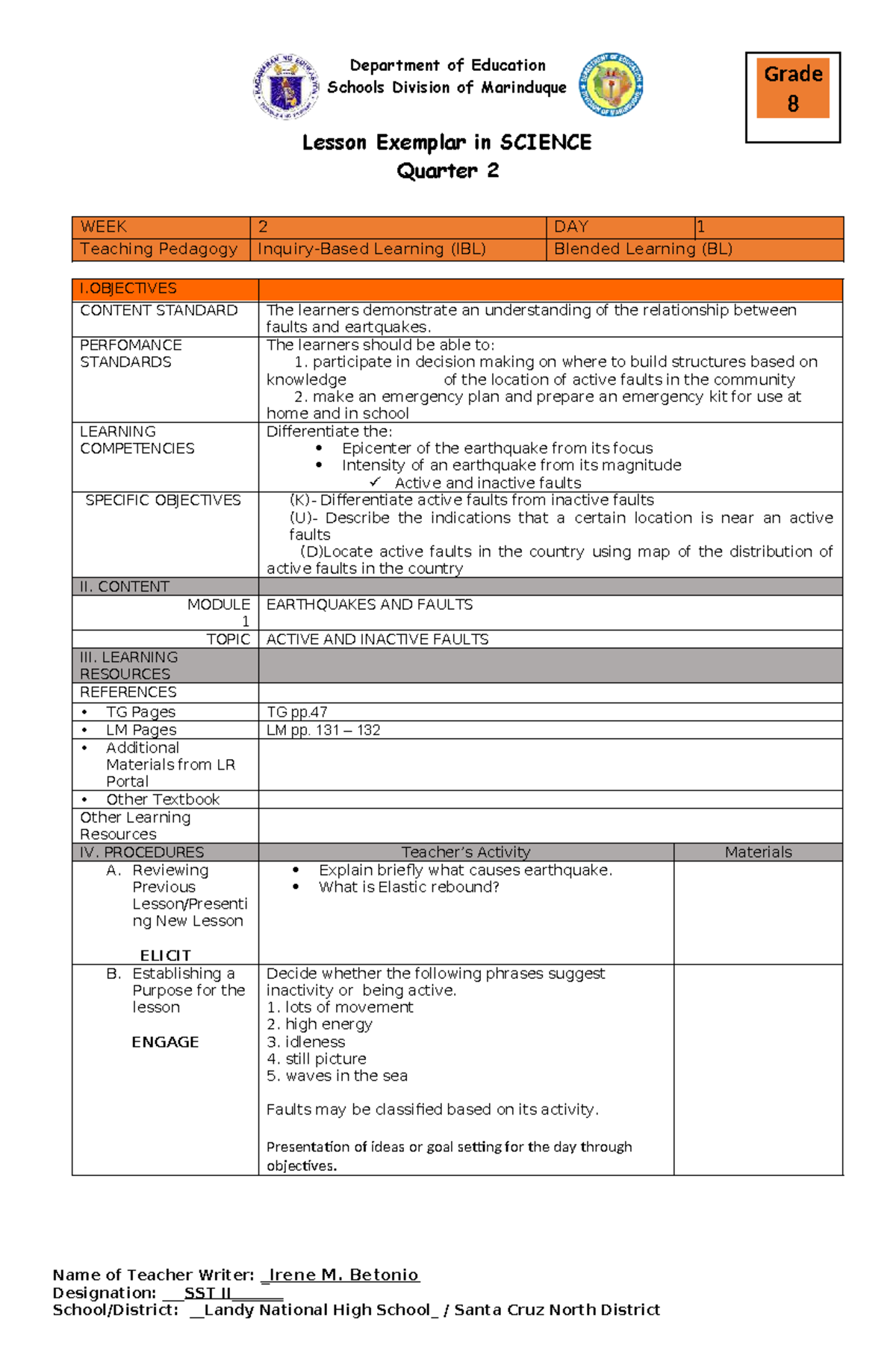 Grade 8 SCIENCE Lesson Exemplar: Earthquakes & Faults (SLE-G8Q2W2-L1 ...