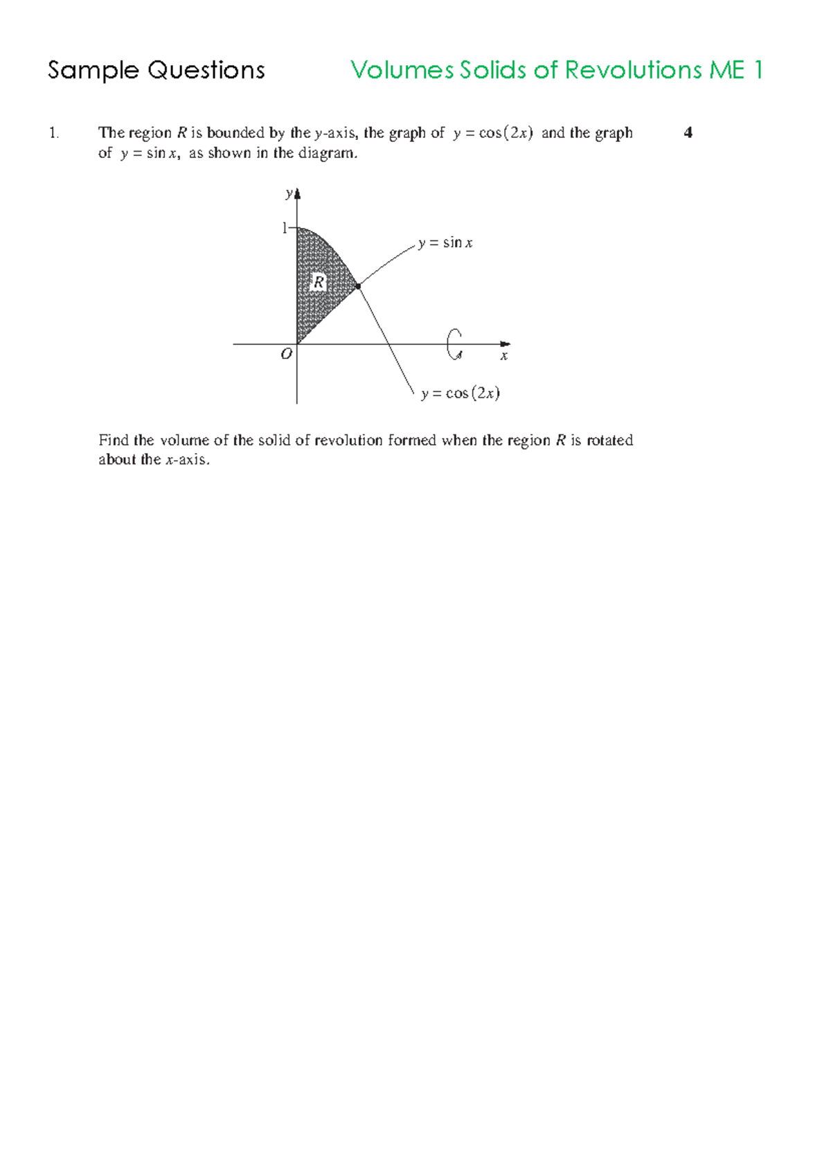 Sample Questions on Volumes of Solids of Revolution ME 1 - Studocu