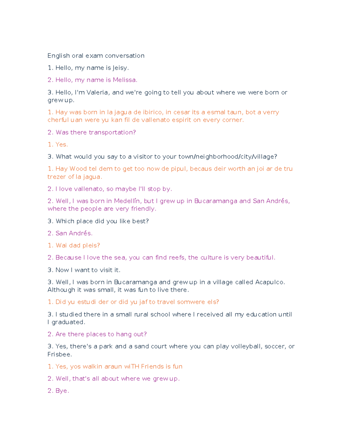 English Oral Exam Conversation: Practicing Pronunciation - Studocu