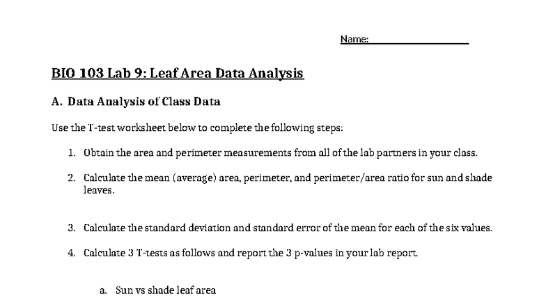 BIO 103 Lab 9: Analyzing Leaf Area Data and Statistics - Studocu