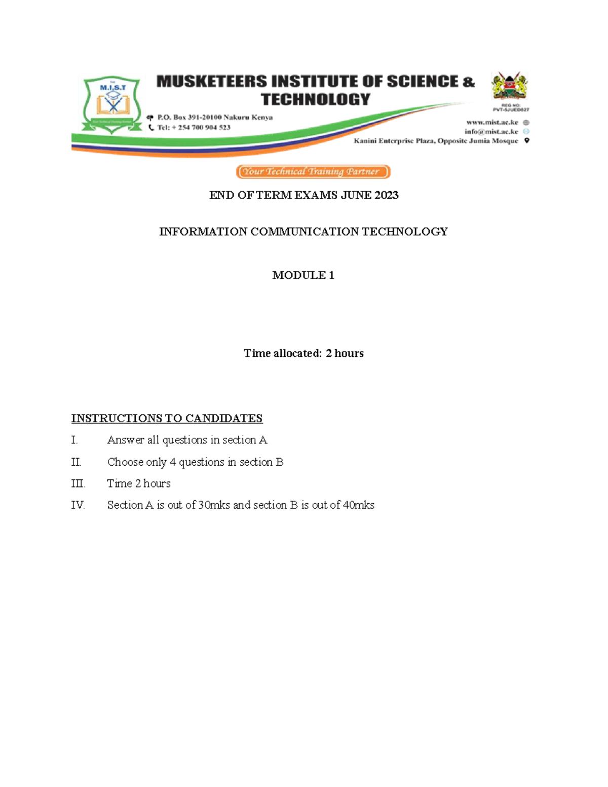 ICT END OF TERM EXAMS JUNE 2023 - MODULE 1 DETAILS - Studocu