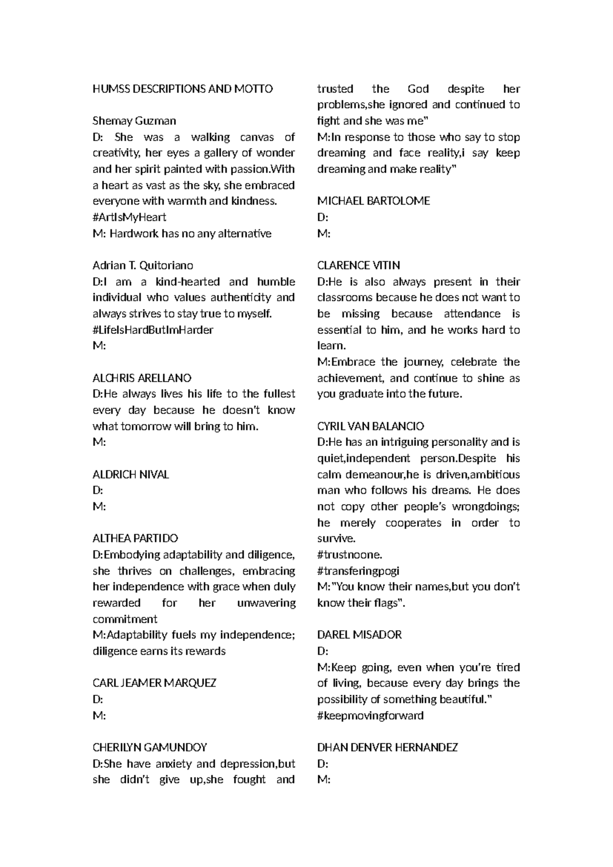 HUMSS Student Descriptions and Mottos Collection - Studocu