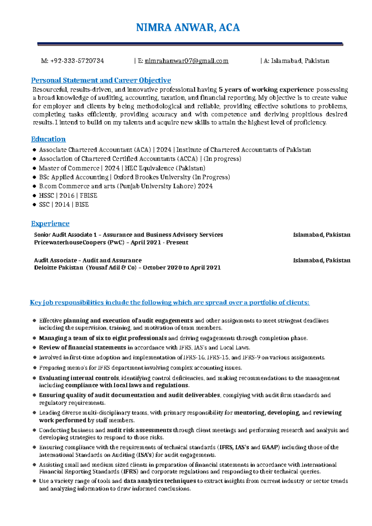 A)Edit-Nimra Anwar Naaz CV-K - NIMRA ANWAR, ACA M: +92-333-5720734 | E: nimrahanwar07@gmail | A ...