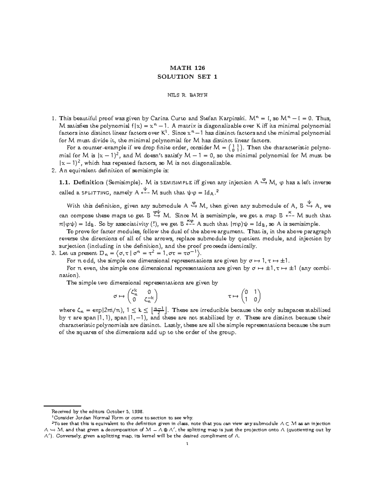 MATH 126 Solution Set 1: Diagonalization and Semisimplicity Proofs ...