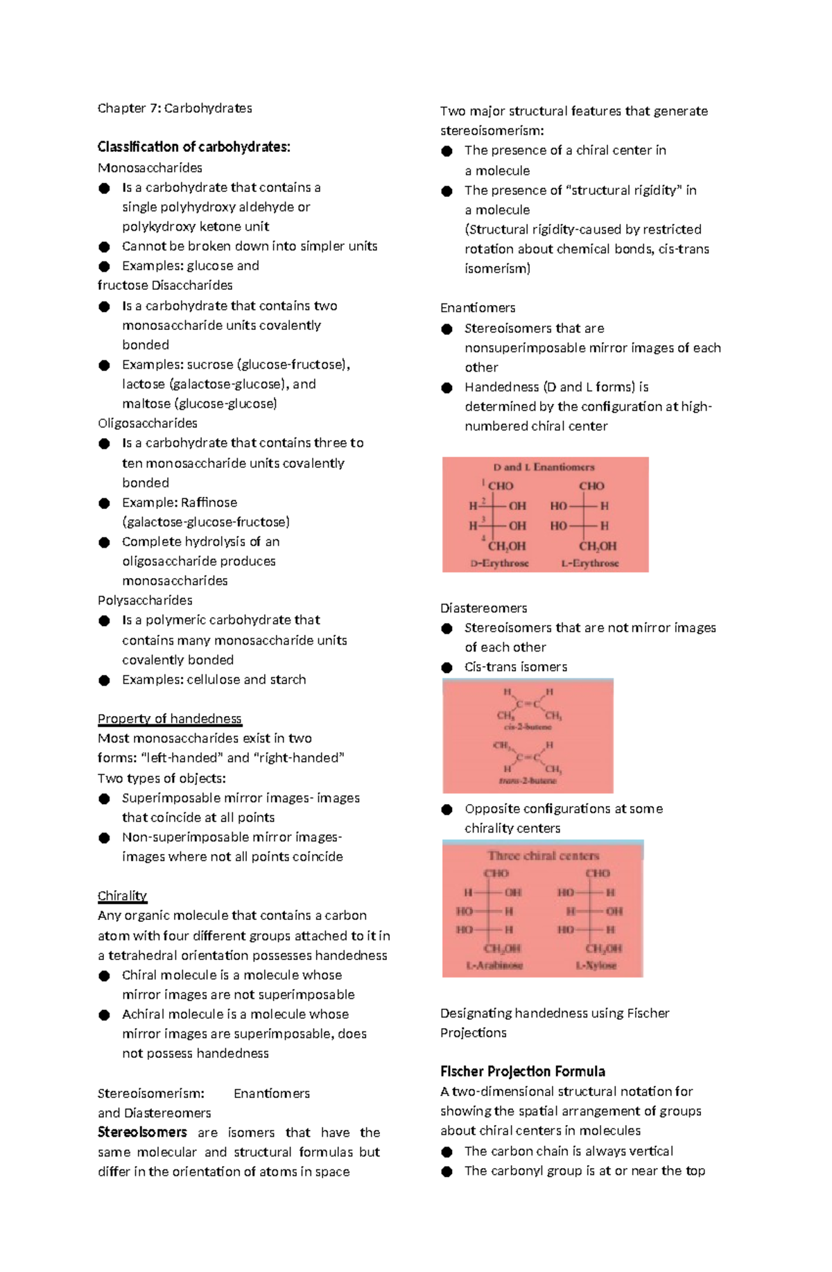 Carbohydrates - Notes - Chapter 7: Carbohydrates Classification of ...