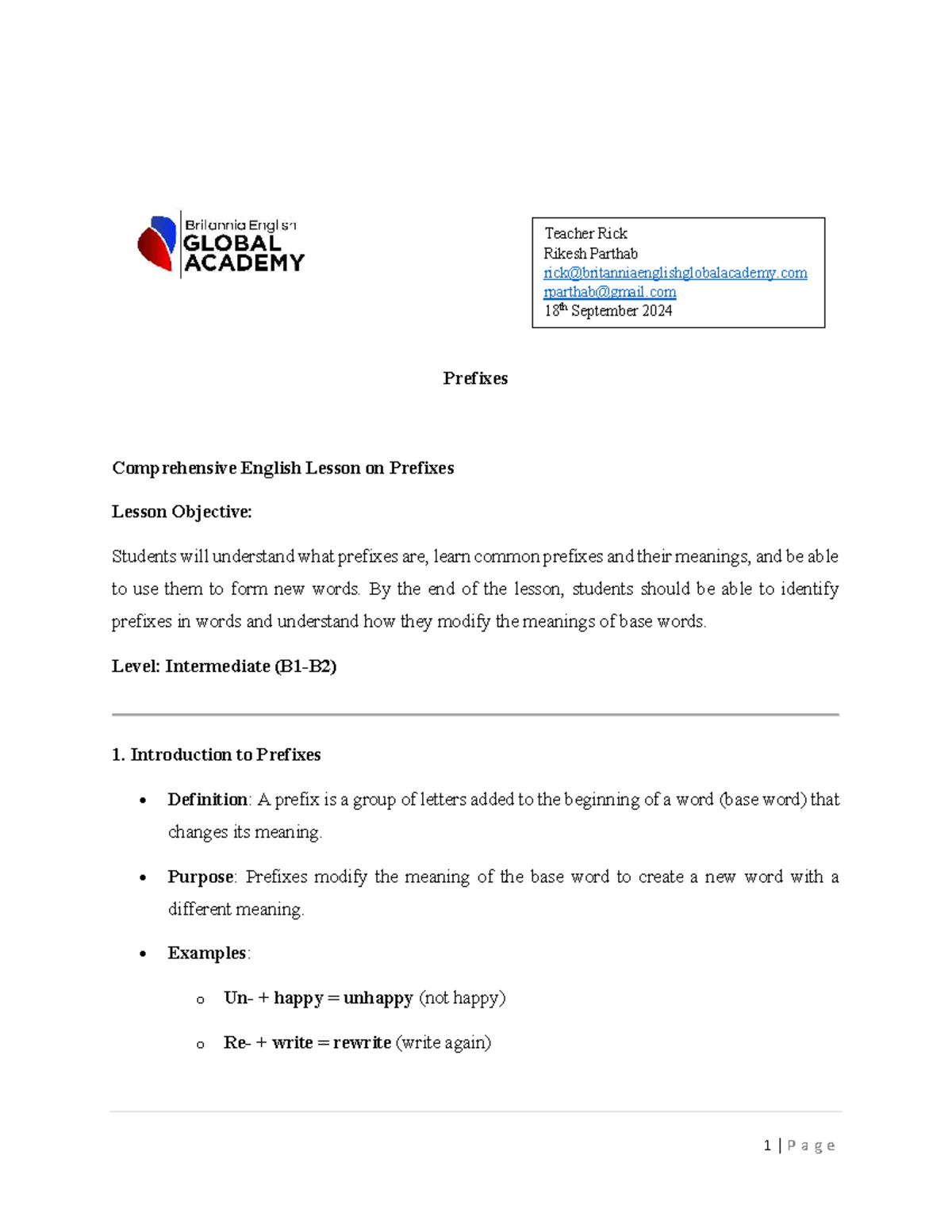Prefixes Lesson Plan for Intermediate English (B1-B2) Students - Studocu