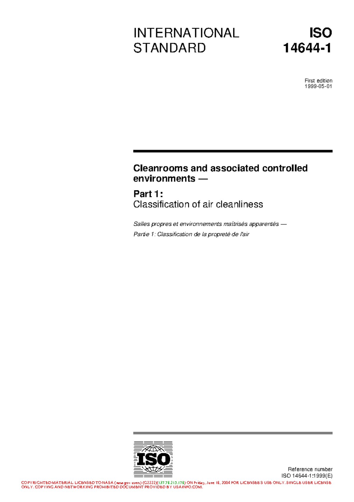 ISO 14644-1:1999 - Classification of Air Cleanliness in Cleanrooms ...