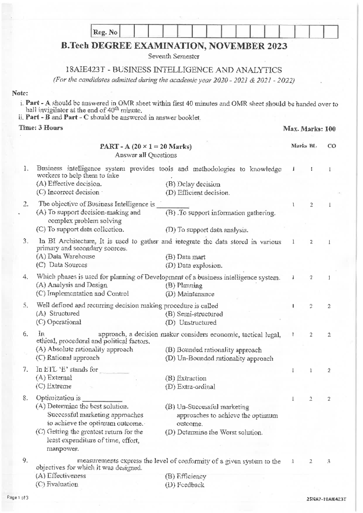 18AIE423T Business Intelligence & Analytics Previous Year QP - Studocu