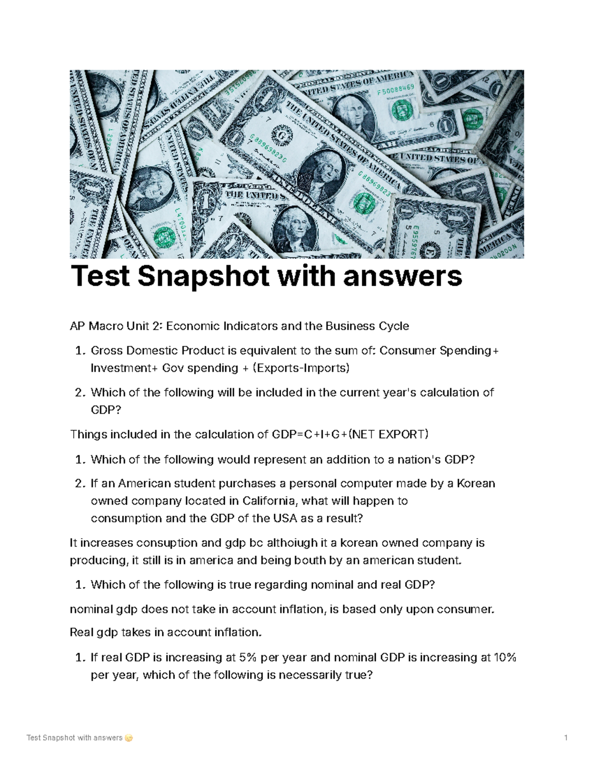 AP Macro Unit 2: Test Snapshot & Answer Key on Economic Indicators ...