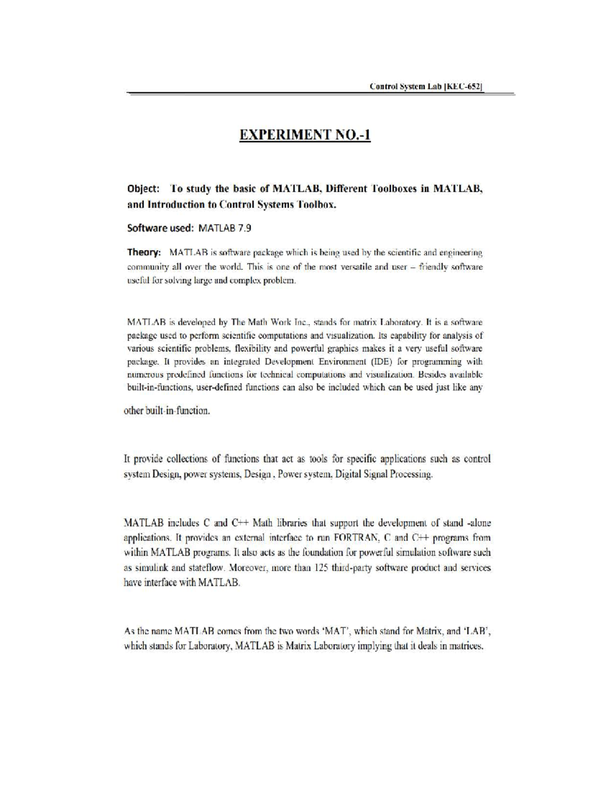 EXP-1 Control - Control System Lab EXPERIMENT Object: To study the basic of MATLAB, Different ...