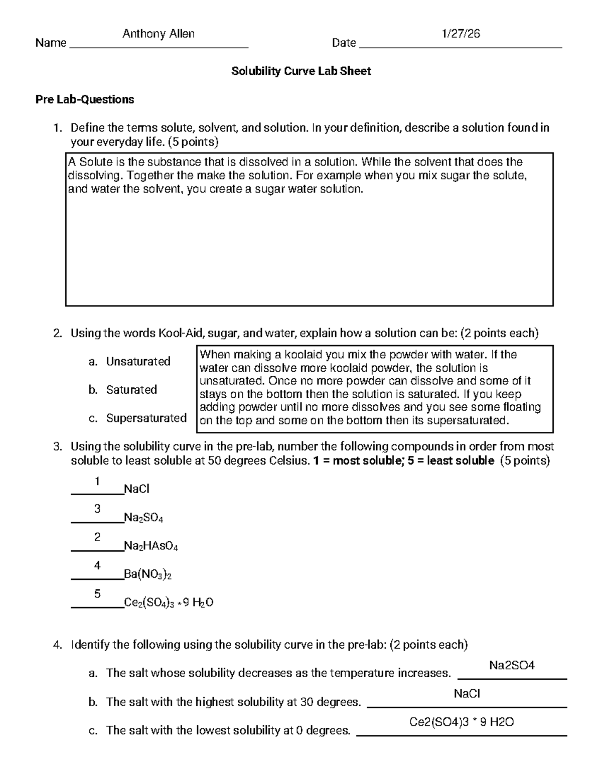 Solubility Curve Lab Sheet (CHEM 101) - Definitions & Calculations ...