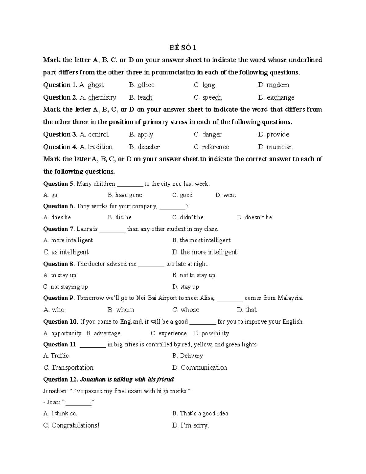 ĐỀ SỐ 1 - Pronunciation and Stress Test Questions - Studocu