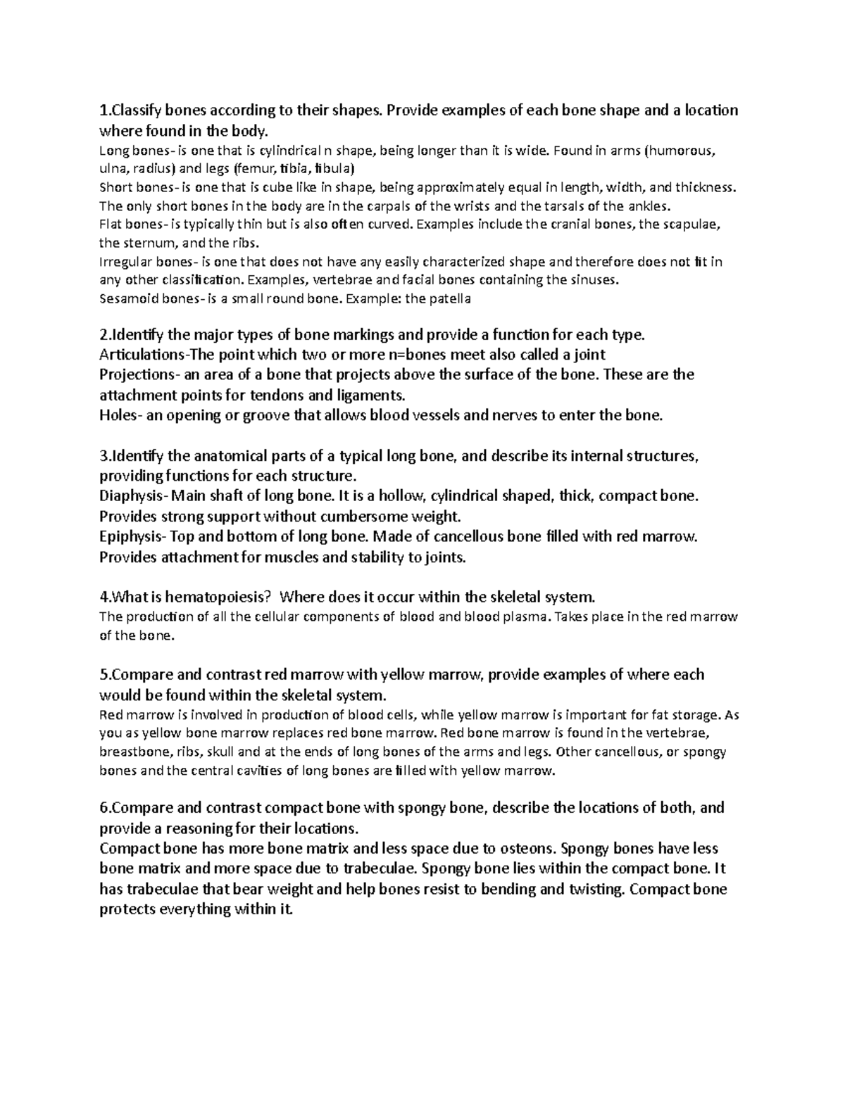 Unit 2 Skeletal System: Bone Classification and Functions Assignment ...