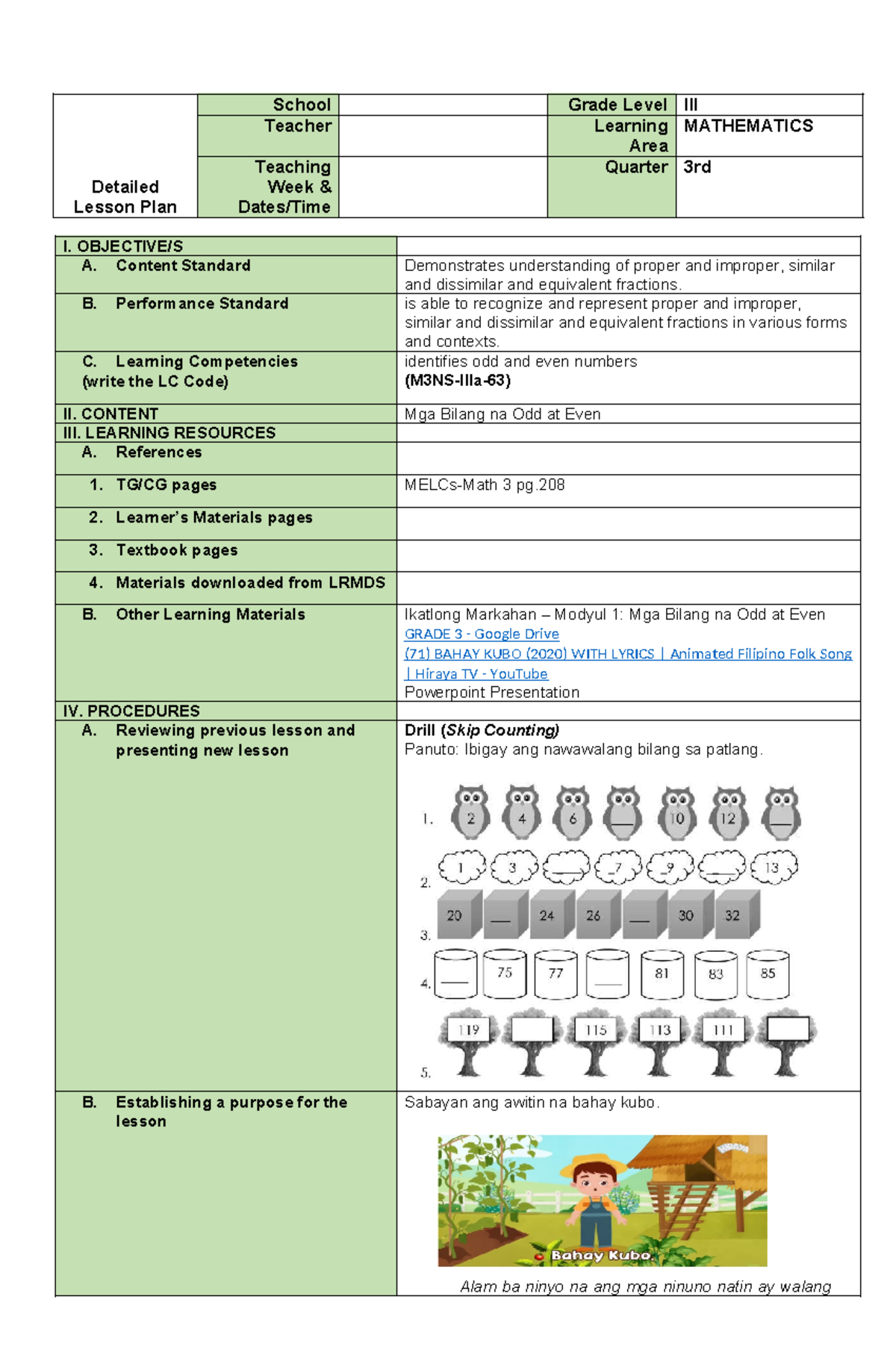 COT-Q3- Final Lesson Plan: Odd and Even Numbers for Grade 3 - Studocu