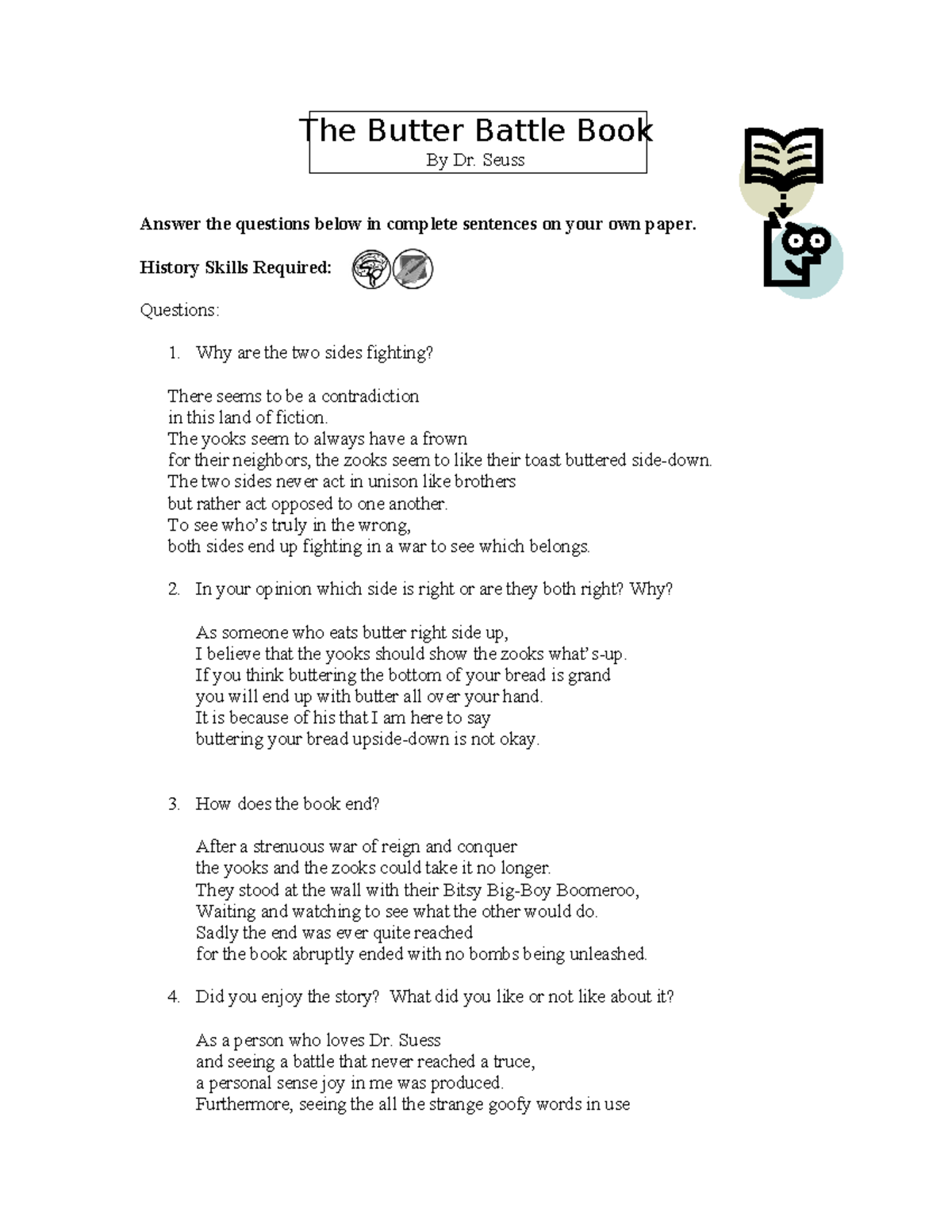 ENG 101: The Butter Battle Book - Questions & Analysis - Studocu