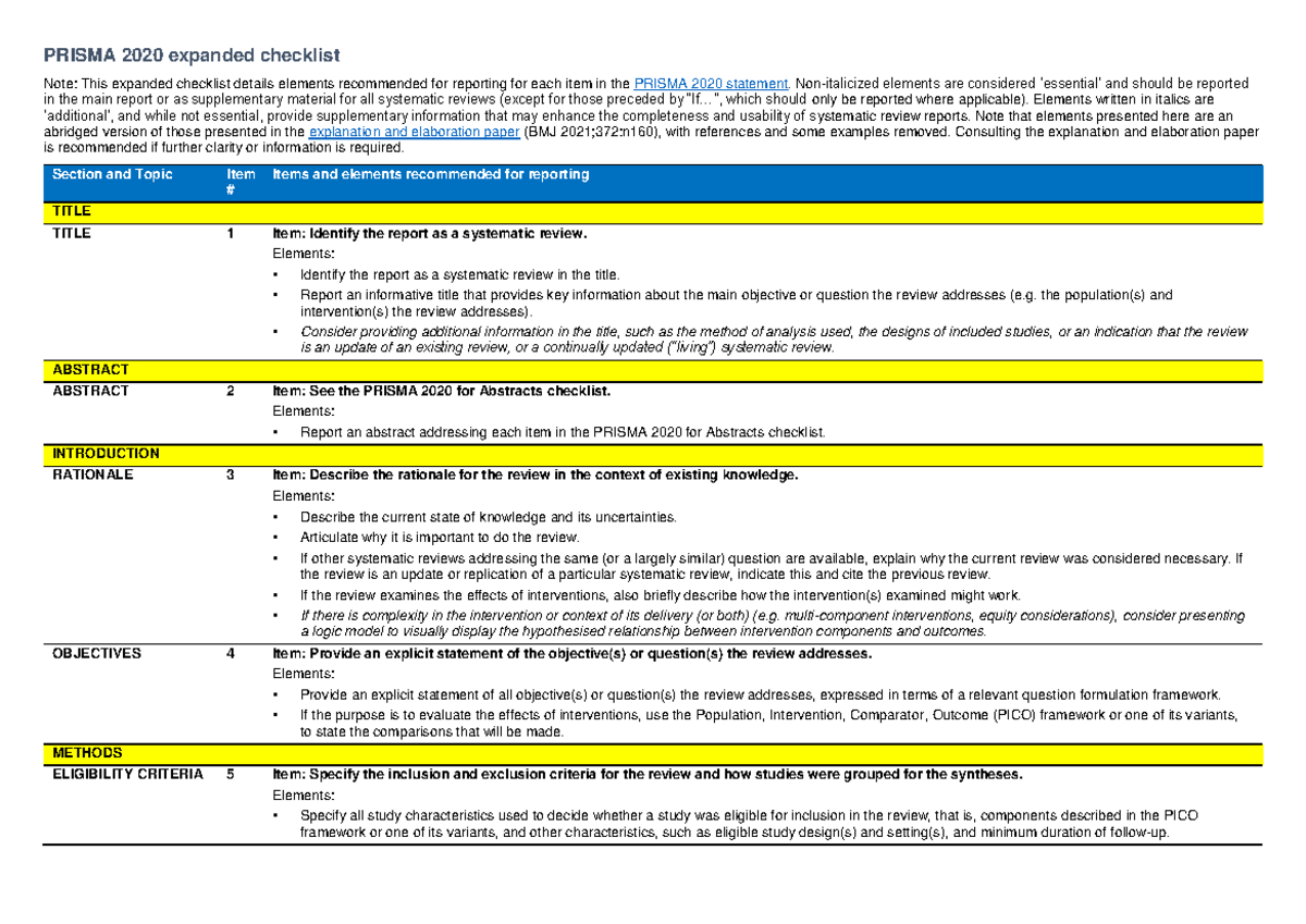 PRISMA 2020 Expanded Checklist for Systematic Reviews - Studocu