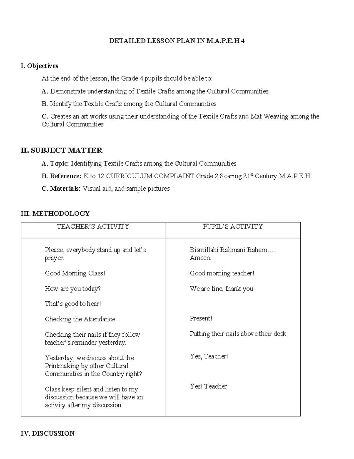 Detailed Lesson Plan on Textile Crafts in M.A.P.E.H 4 (EDUC. 107-B ...
