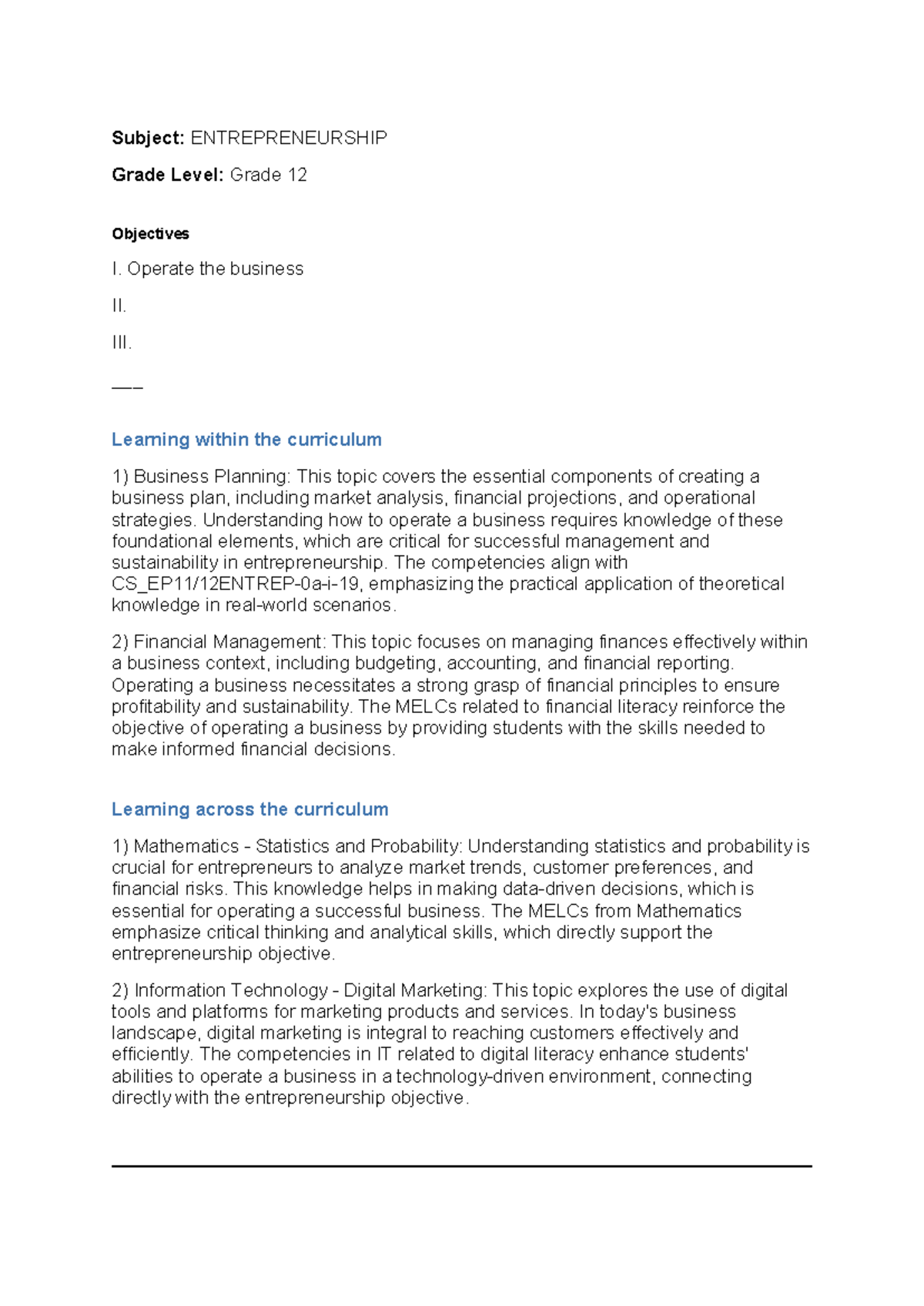 ENTREPRENEURSHIP Lesson Plan for Grade 12: Business Operations ...