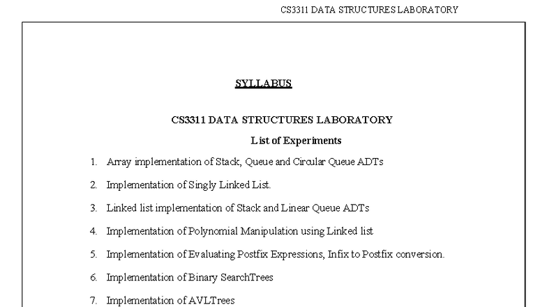 CS3311 DATA STRUCTURES LAB MANUAL: EXPERIMENTS & OBJECTIVES - Studocu