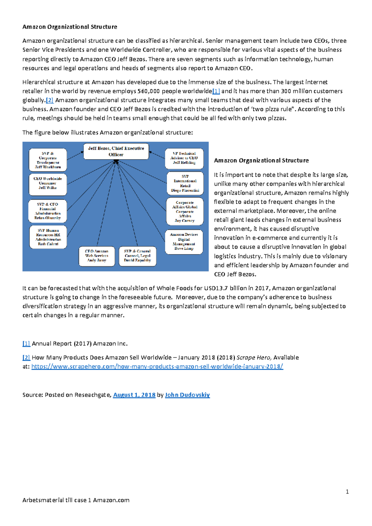 Amazon Organizational Structure 1 - 1 Arbetsmaterial till case 1 Amazon ...