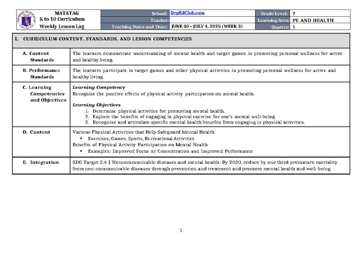 DLL Matatag PE & Health 7 Q1 Week 3 Lesson Log on Mental Health - Studocu