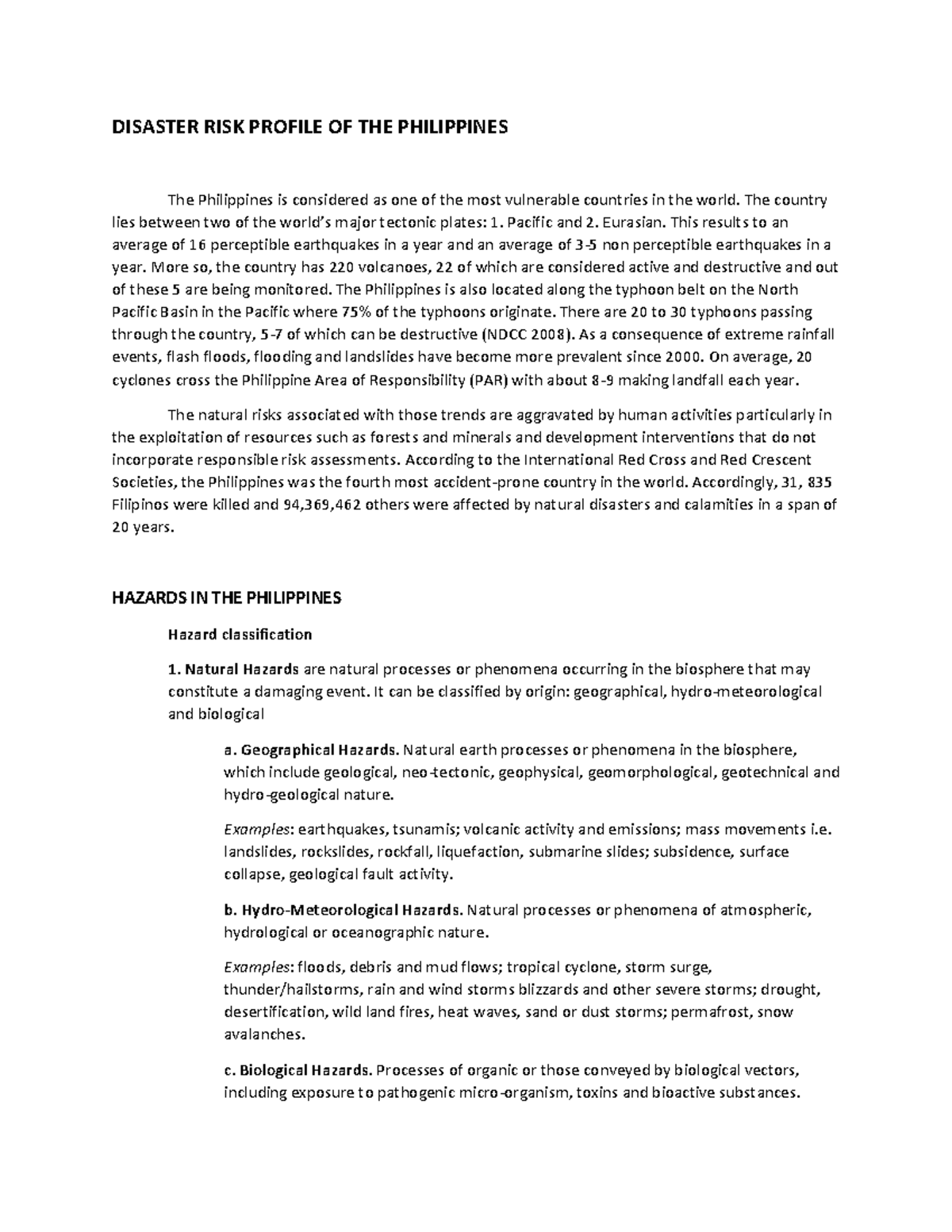 Philippines Disaster Risk Profile: Natural and Technological Hazards ...