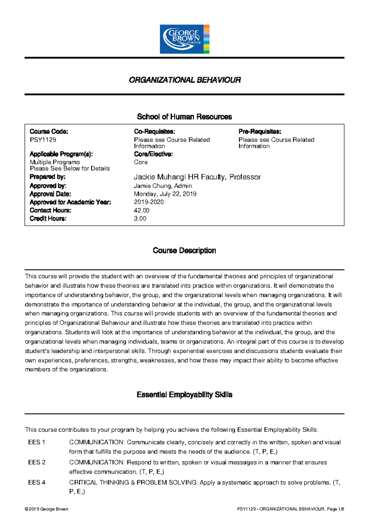 PSY1129 Organizational Behavior Course Outline and Learning Outcomes ...