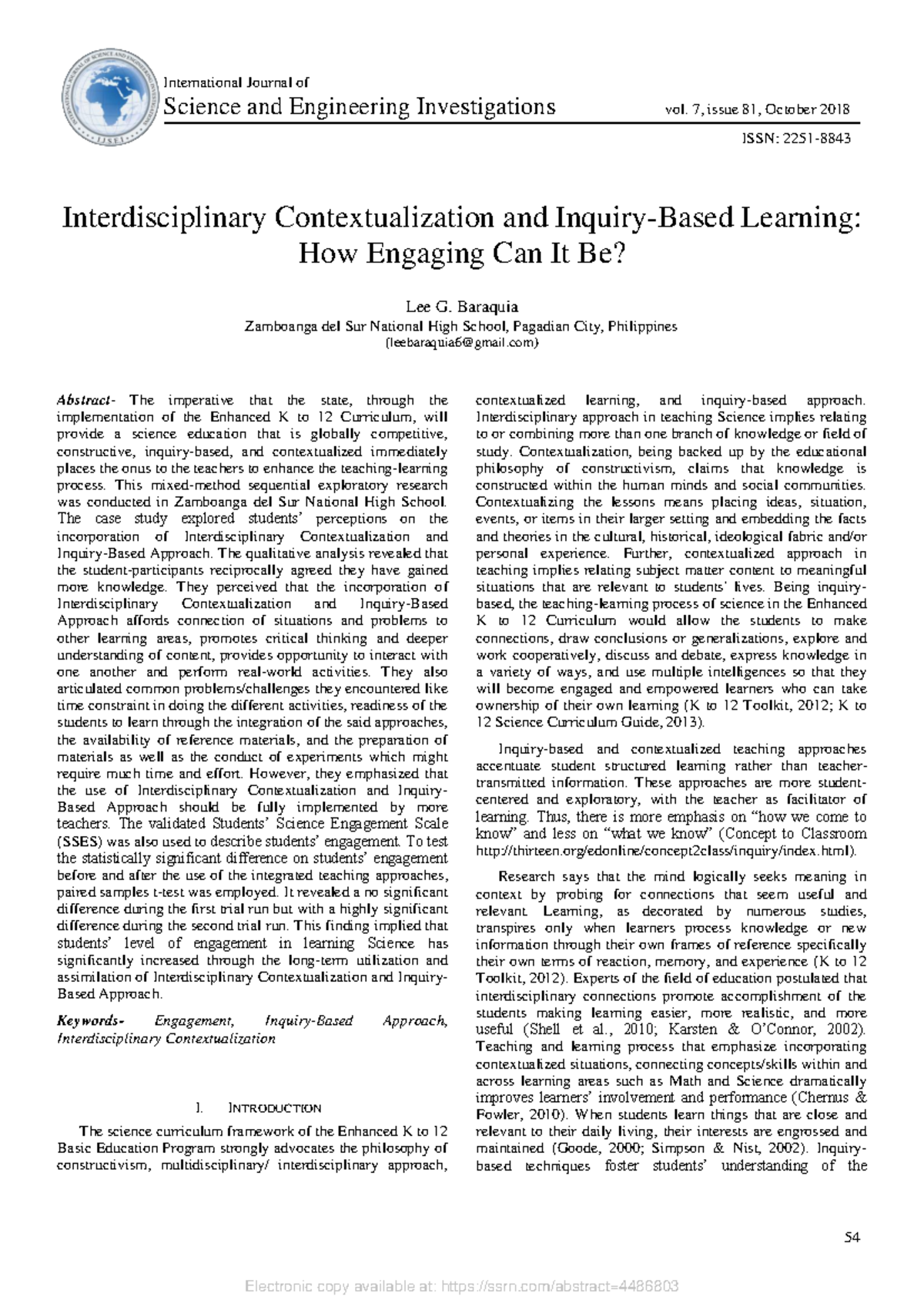 Interdisciplinary Contextualization in Science Education: Enhancing ...