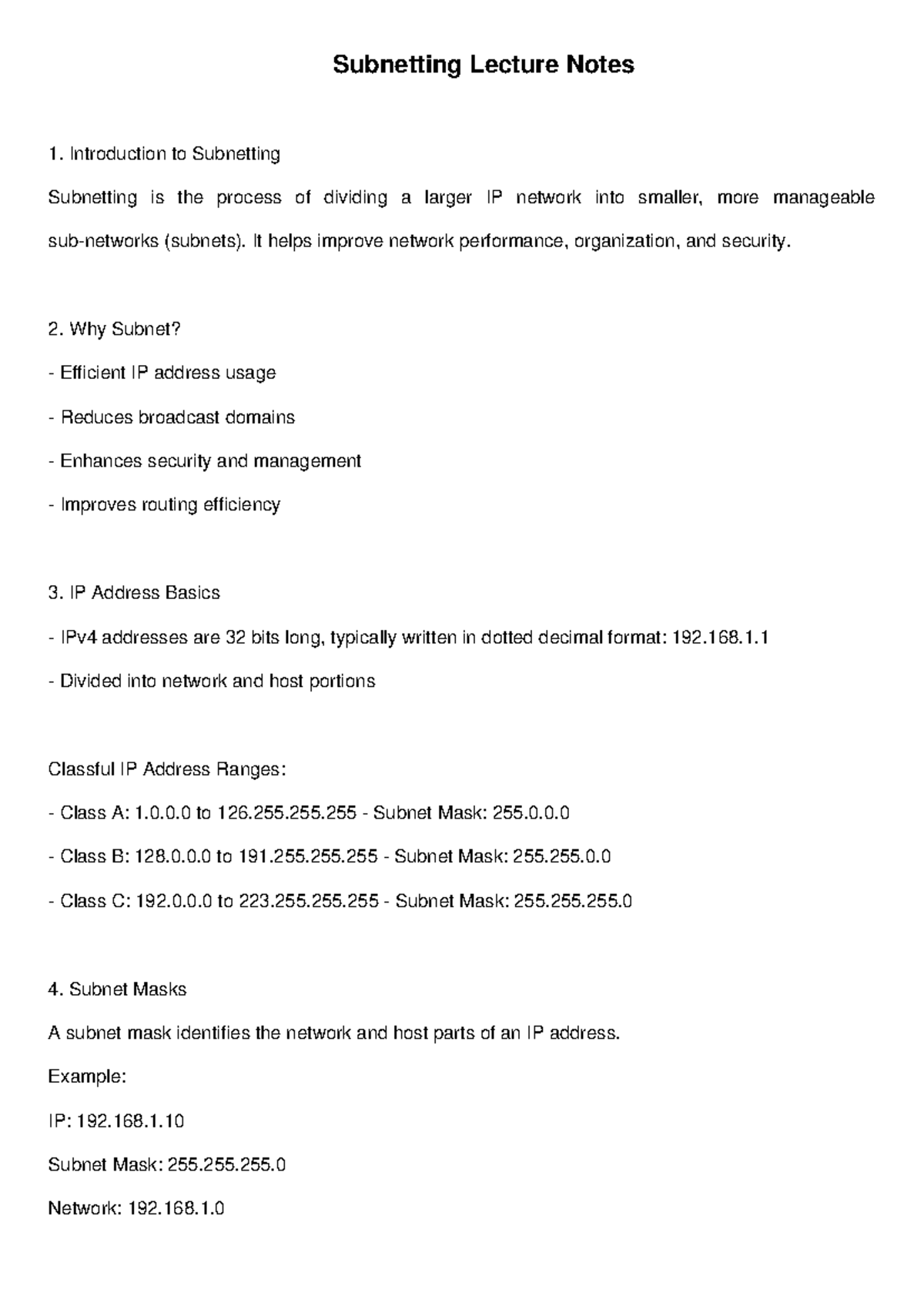 Subnetting Lecture Notes: Understanding IP Addressing and Masks - Studocu