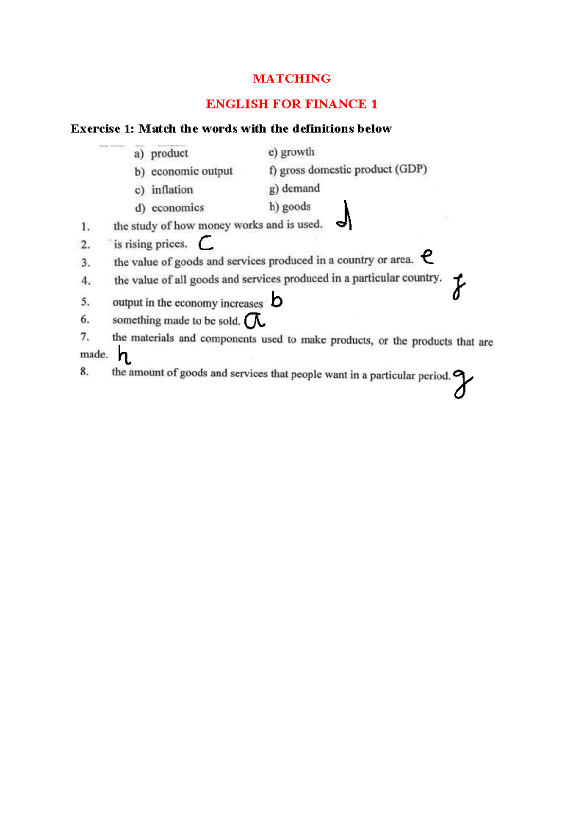 Matching Exercise for English in Finance 1 (Midterm) - Studocu