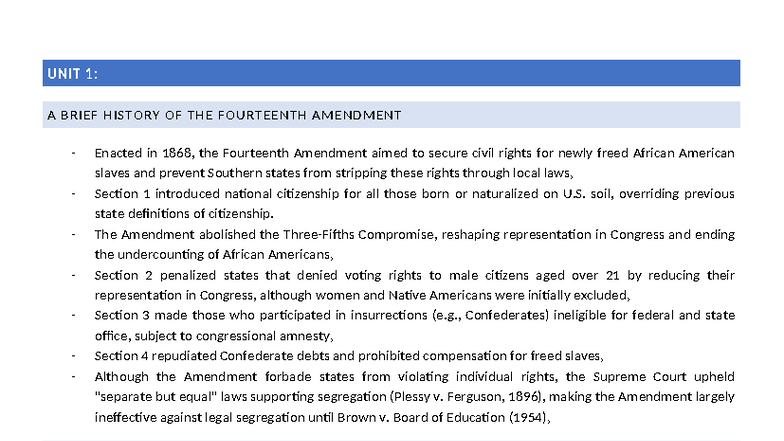 UNIT 1: A BRIEF HISTORY OF THE FOURTEENTH AMENDMENT AND DUE PROCESS ...