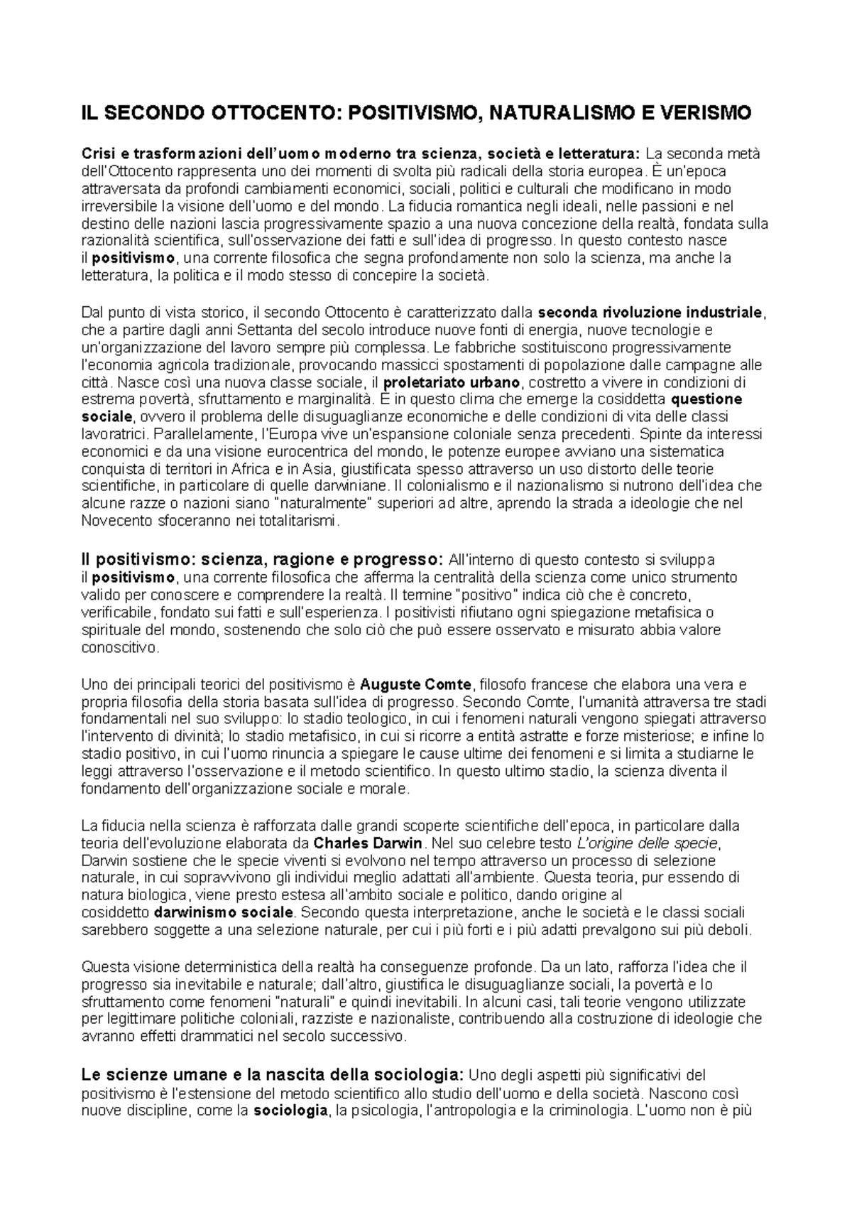 IL SECONDO OTTOCENTO: POSITIVISMO, NATURALISMO E VERISMO - Studocu