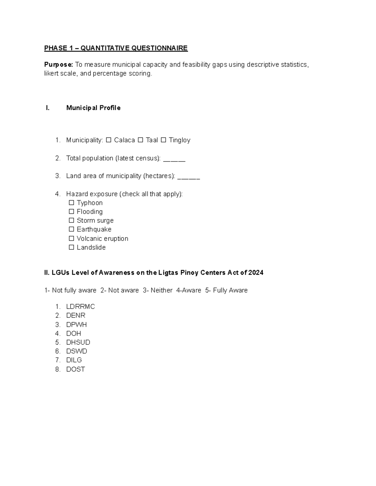 PHASE 1: QUANTITATIVE QUESTIONNAIRE ON MUNICIPAL EVACUATION CAPACITY ...
