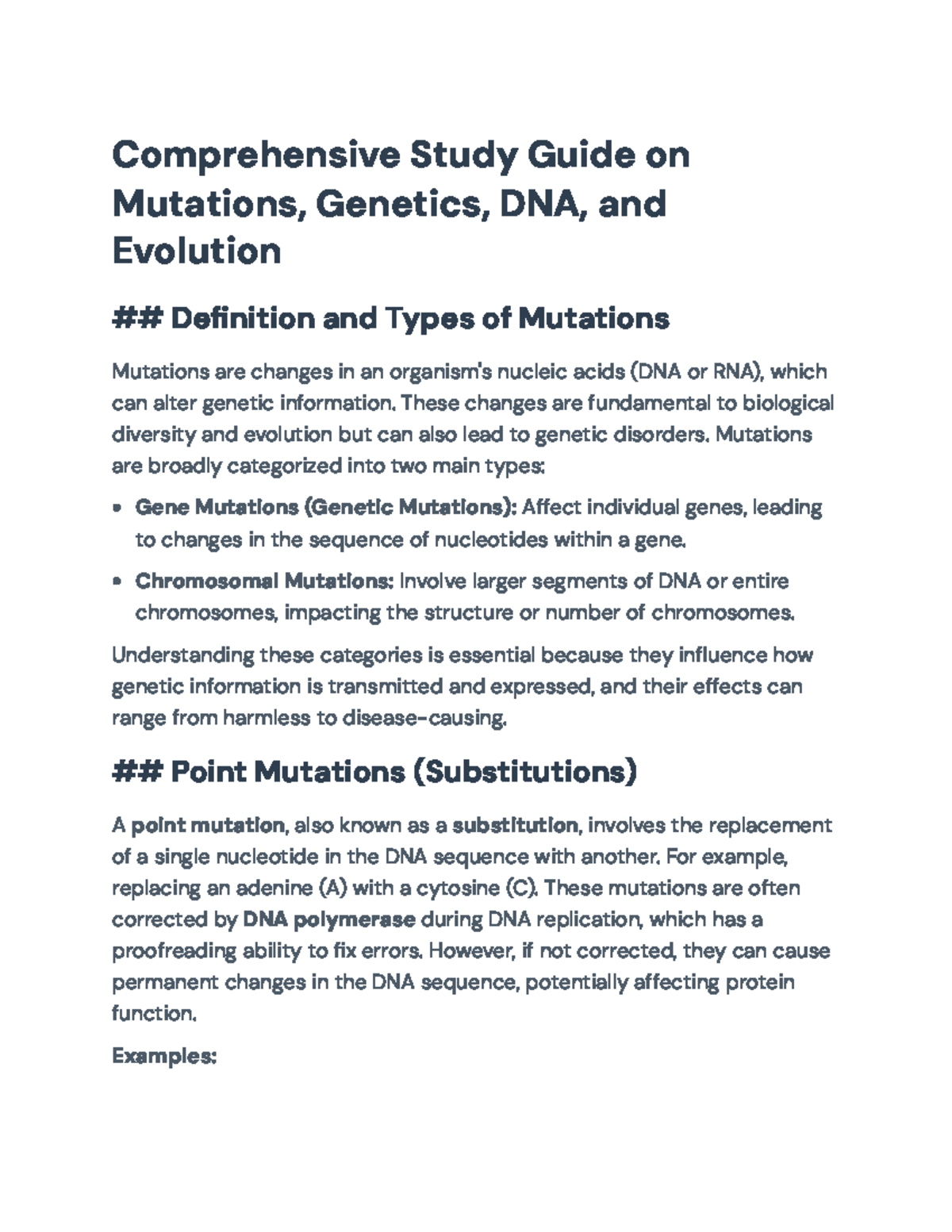 Comprehensive Study Guide on Genetics, DNA, and Mutations (BIO101 ...