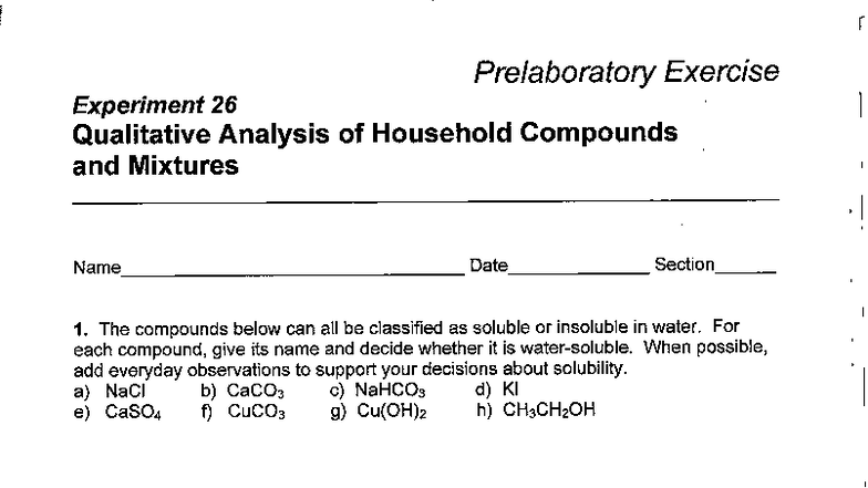 Experiment 26: Qualitative Analysis of Household Compounds - Studocu