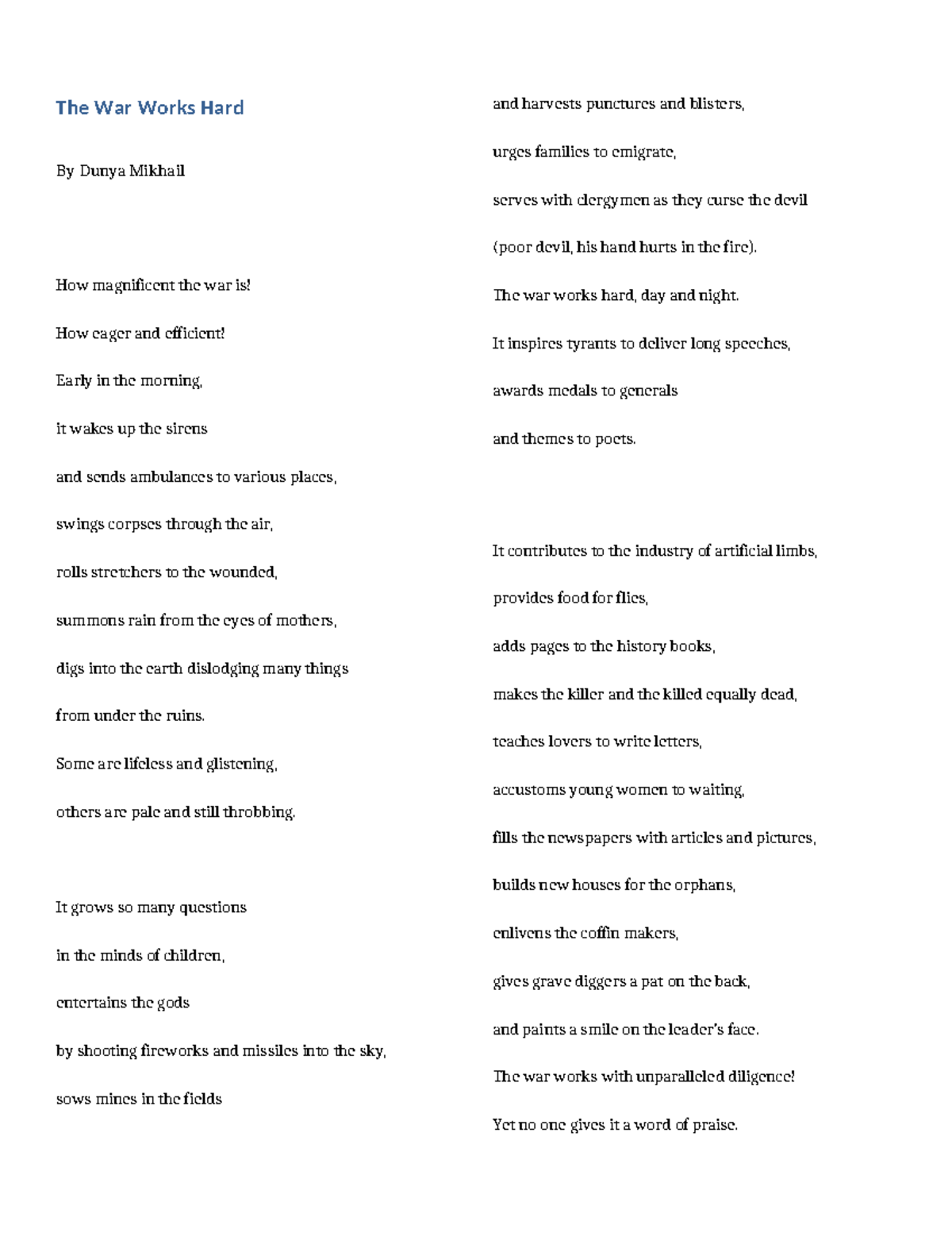 ENG 201 - The War Works Hard: A Poetic Exploration of Conflict - Studocu