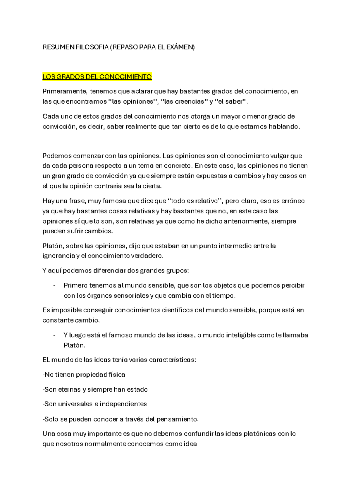 Repaso de Filosofía: Grados del Conocimiento para el Examen - Studocu