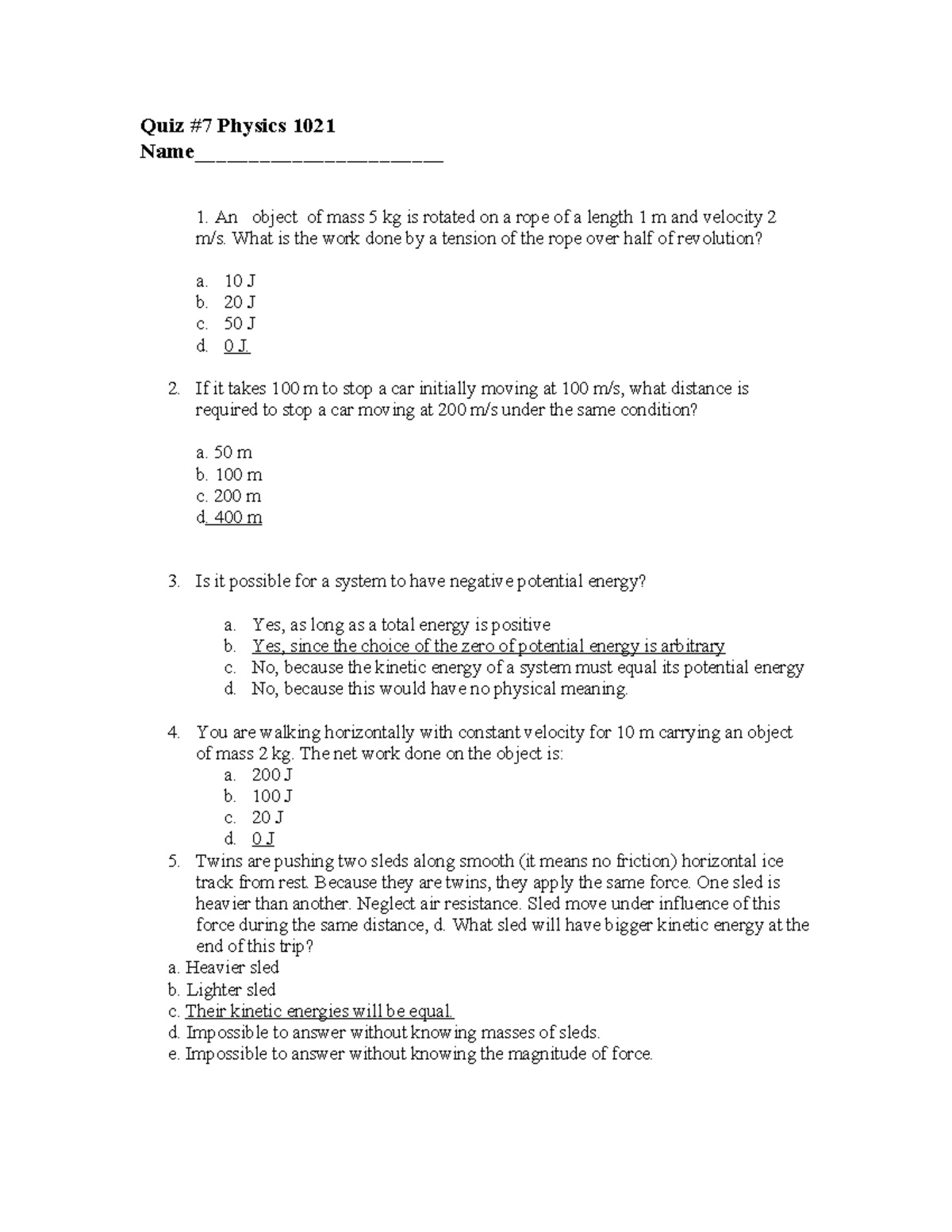 Quiz 7 Physics 1021 - Work and Energy Concepts - Studocu