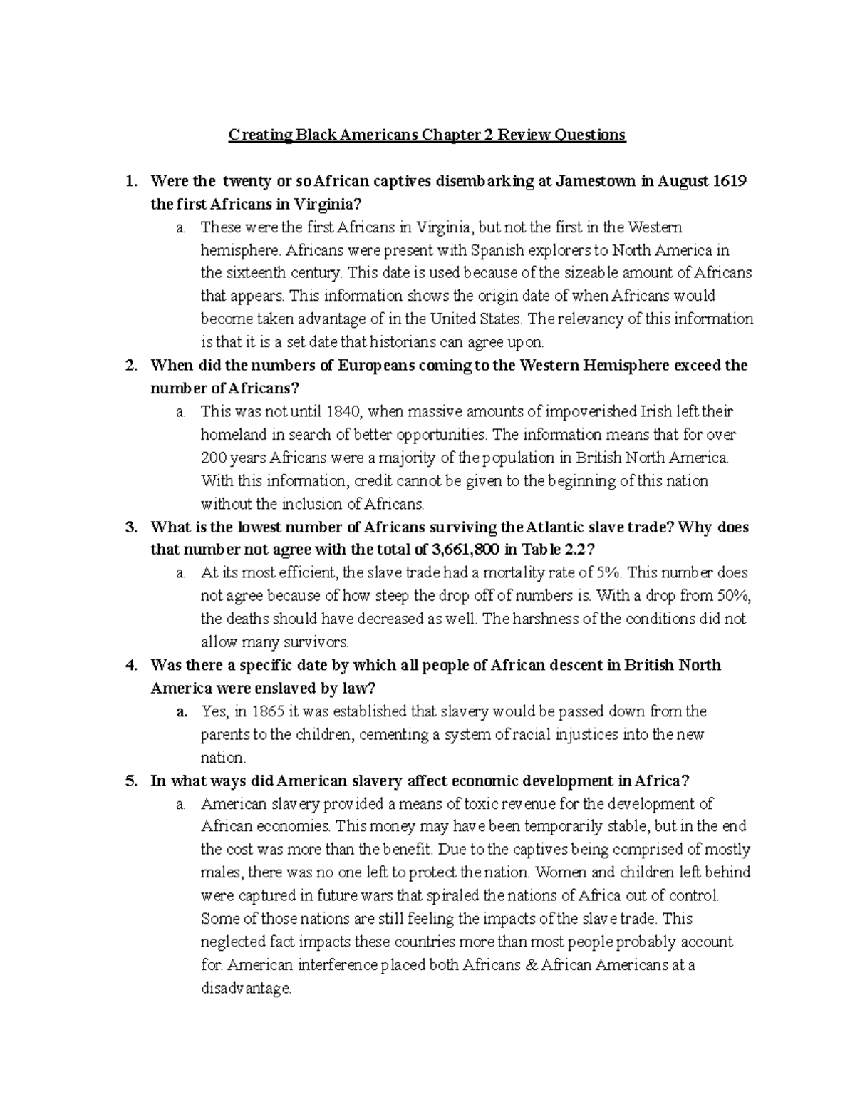 Creating Black Americans: Chapter 2 Review Qs (Course Code) - Studocu