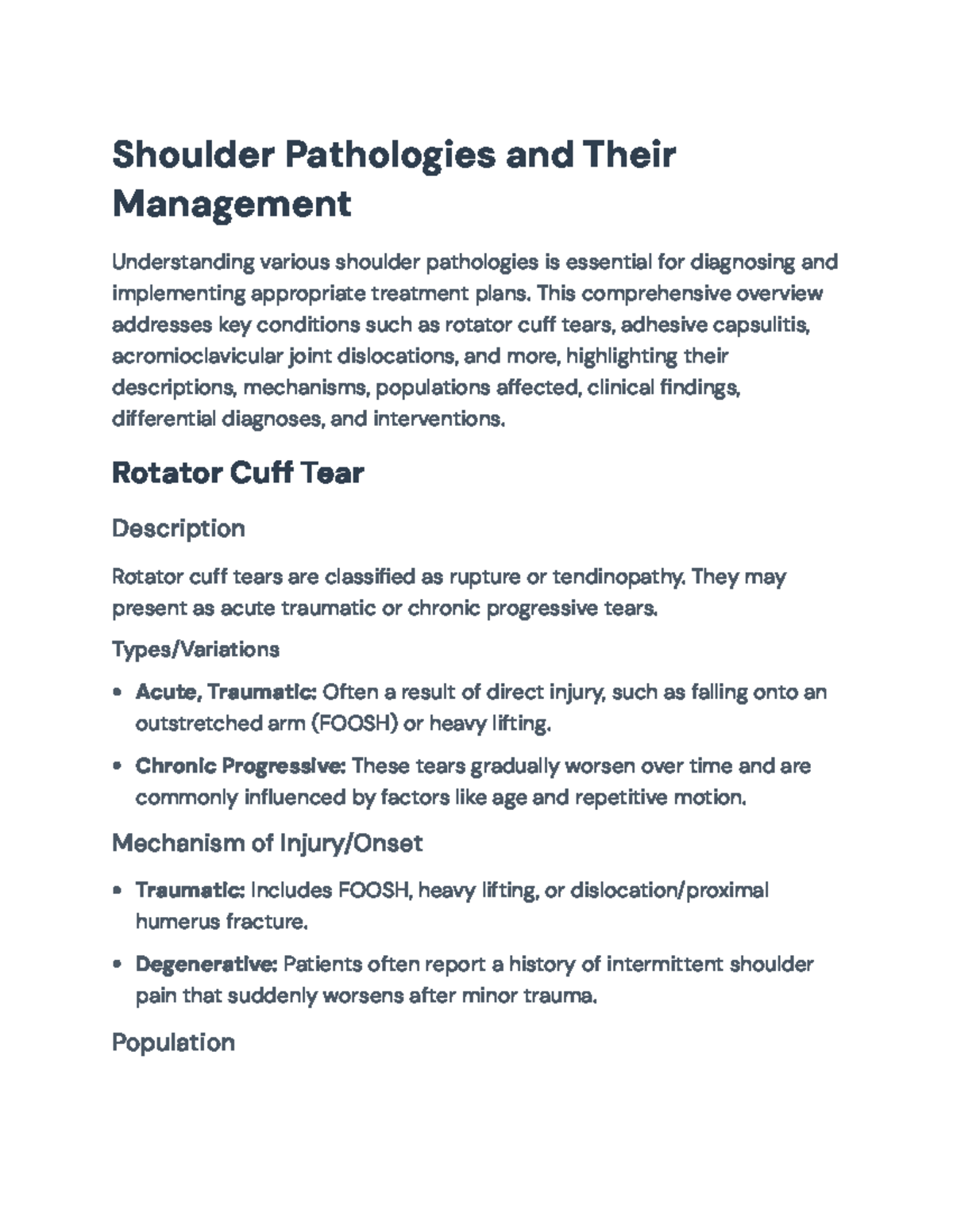 Shoulder Pathologies and Management: Overview and Interventions ...