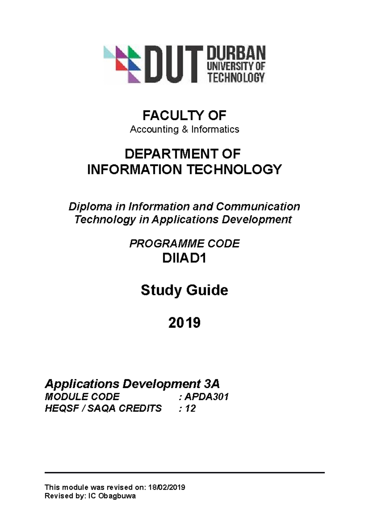 Study Guide APDA301: Applications Development 3A - 2019 - Studocu