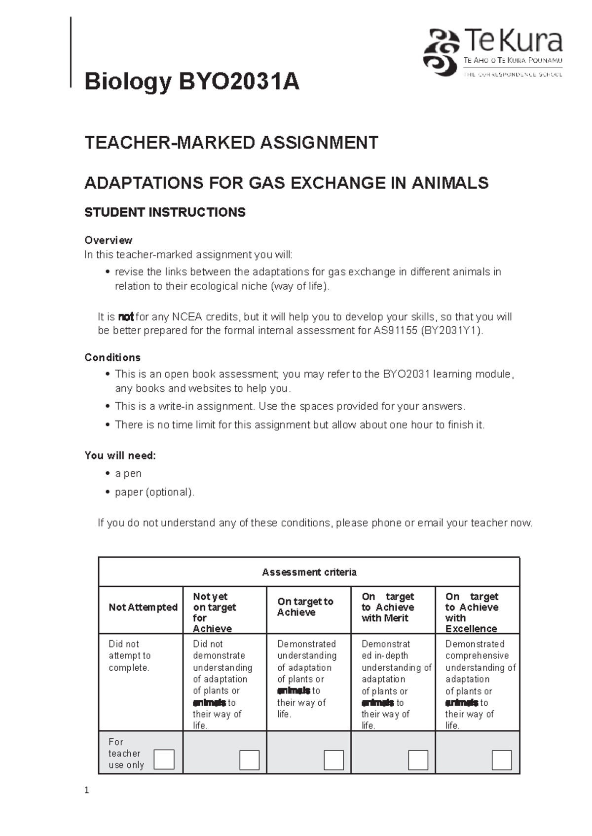 Biology O2031A Assignment: Gas Exchange Adaptations in Animals - Studocu