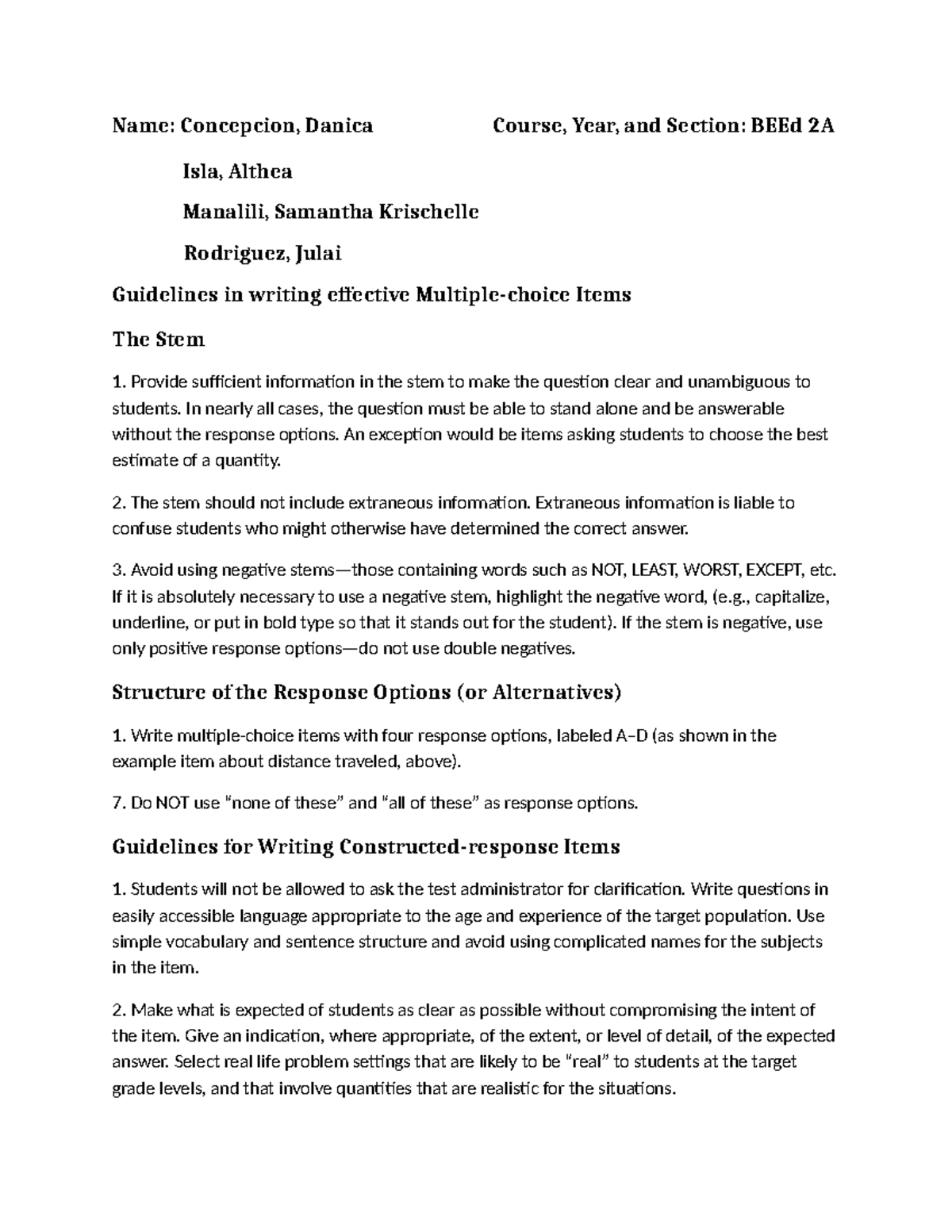 Guidelines for Writing Effective Test Items (BEEd 2A) - Studocu