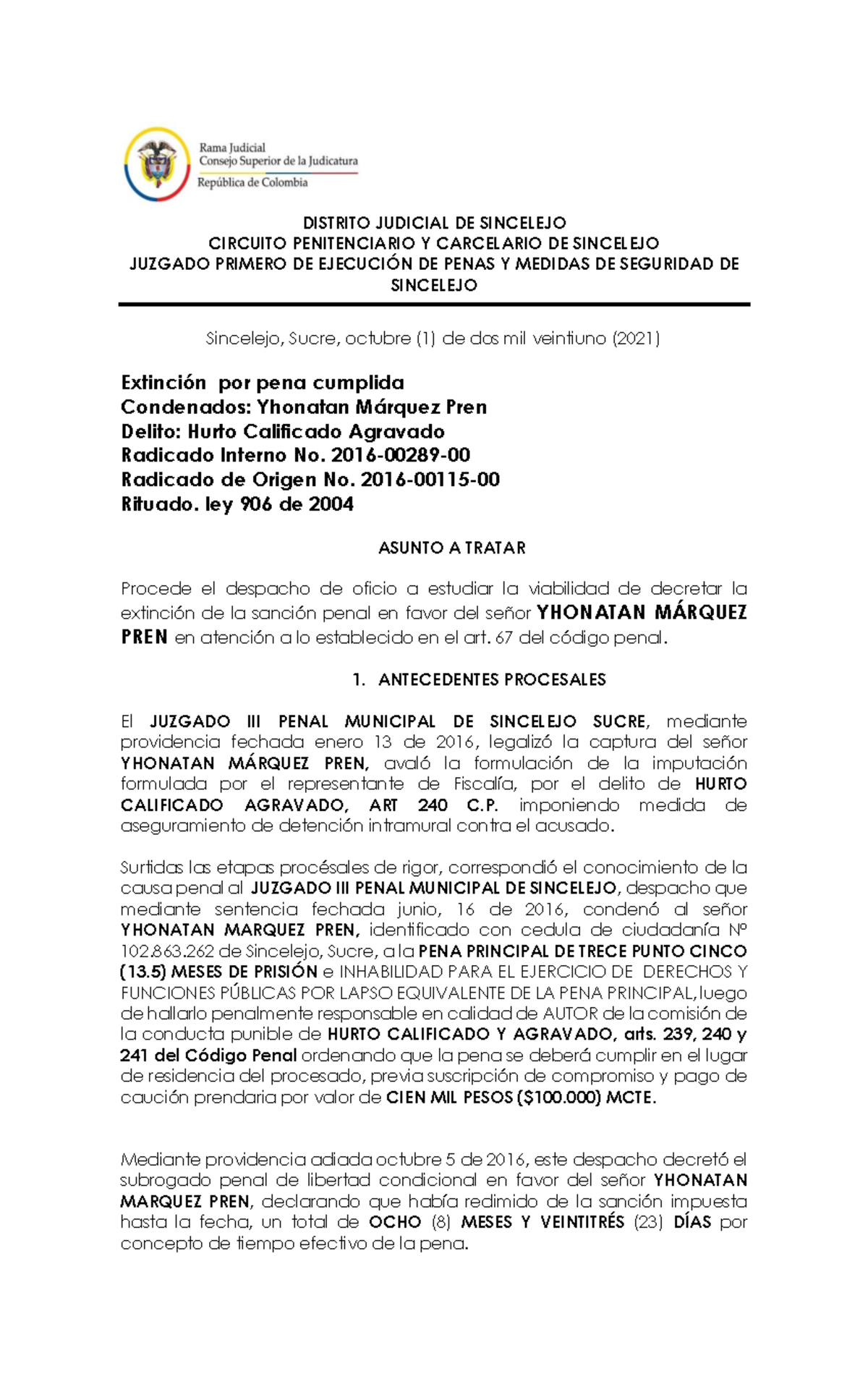 Extinción de Sanción Penal por Pena Cumplida - Yhonatan Márquez Pren ...