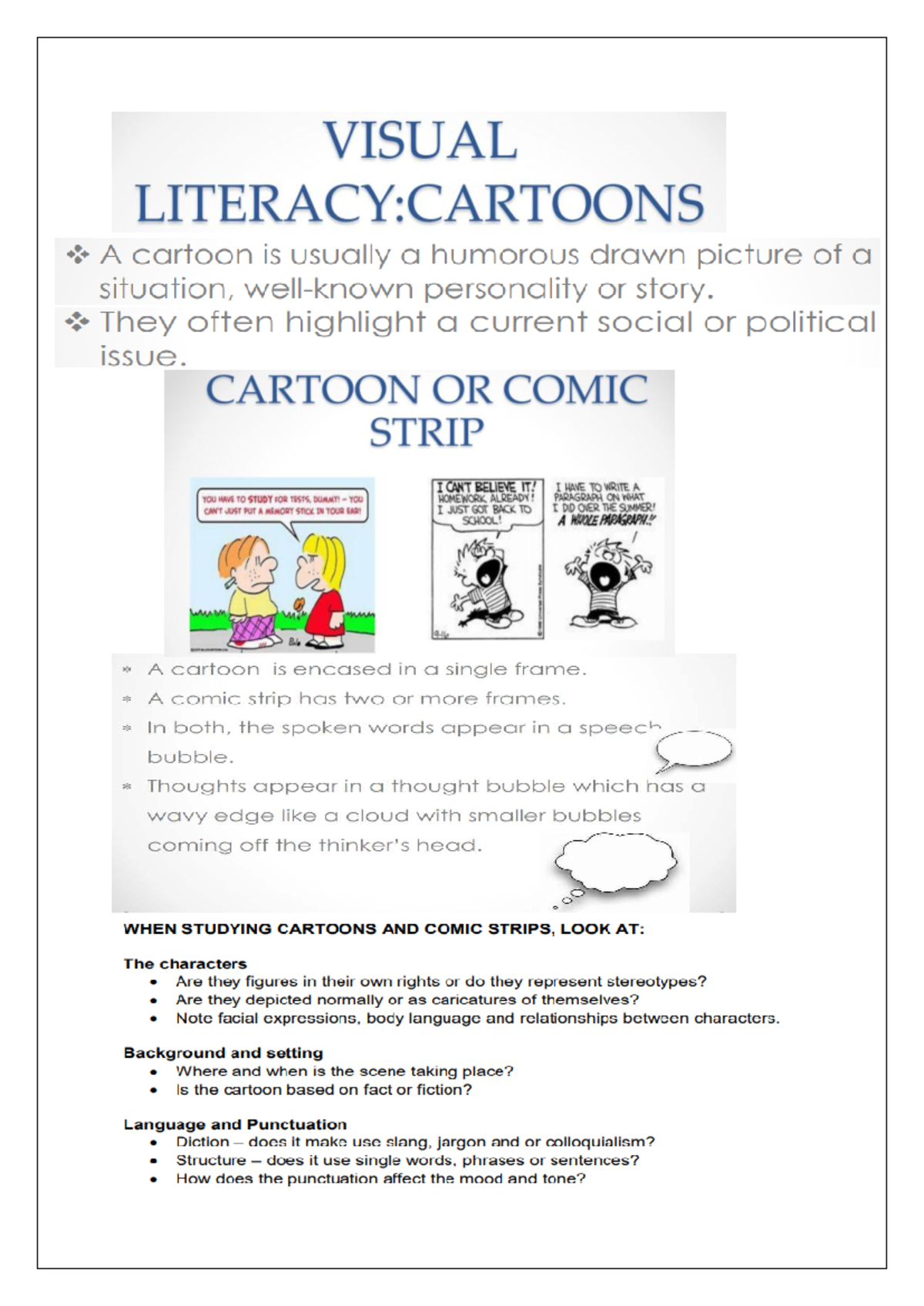 Grade 10 Visual Literacy: Understanding Cartoons and Comic Strips - Studocu