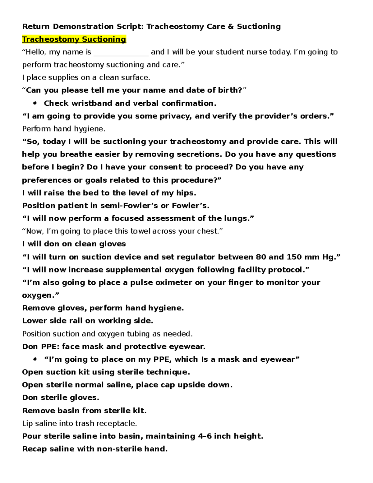 Tracheostomy Care Suctioning Script: Nursing Skills Demonstration - Studocu